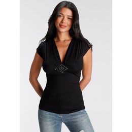 Melrose Damen T-Shirt, schwarz, Gr. 38, unifarben, Jersey, Obermaterial: 95% Viskose, 5% Elasthan, Shirts, sehr figurbetonter Schnitt, tiefer