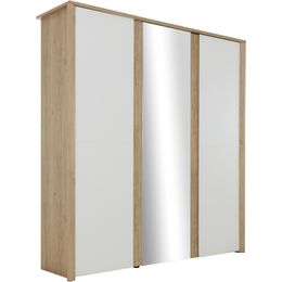 Drehtürenschrank GAMI, B:216cm H:225cm T:58cm, braun, Spanplatte, Schränke, "MANAE", 3-türiger Schrank mit Spiegel und großem Stauraumvolumen