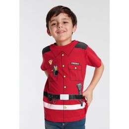 Kidsworld Jungen T-Shirt "FEUERWEHR", rot, Gr. 128, bedruckt, Jersey, Obermaterial: 100% Baumwolle, Shirts, Kurzarm, Basic-Passform, bedruckt,