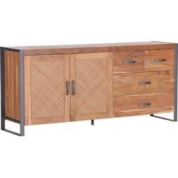 Sideboard GUTMANN FACTORY, B:175cm H:80cm T:47cm, grau, Massivholz, Metall, Wohnzimmer, Sideboards, "Alvara", Kommode mit Rattan Geflecht