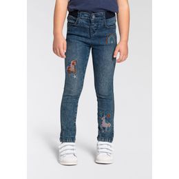 Kidsworld M&auml;dchen Stretch-Jeans "Basic Jeans mit toller Stickerei", blau, Gr. 146, bedruckt, mehrfarbig, Denim/Jeans, Obermaterial: 98% Baumwolle, 2%