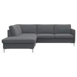 Ecksofa FLEXLUX "Fiore, L-Form" Sofas Gr. B/H/T: 234cm x 85cm x 225cm, Lederoptik, Ottomane links, grau (elephant gre) schmale Armlehnen, Füße alufarben, BT 234225 cm, Kaltschaum im Sitz