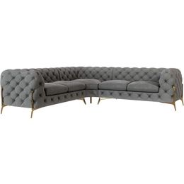 S-style Möbel - Chesterfield Ecksofa Willow mit Metall Füßen, Grau Samt