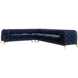 S-style Möbel - Chesterfield Ecksofa Willow mit Metall Füßen, Blau Samt