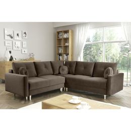 Ecksofa l Berg - Groß und modern Eckcouch - Schlaffunktion & Bettkasten - Ecksofa 260 cm mit Samtstoff - Braun - Braun - Graingold