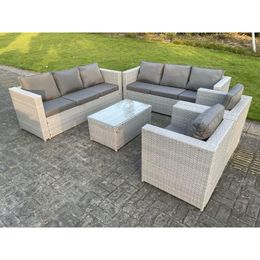 Fimous - 8-Sitzer Rattan Gartenmöbel Set Rattan Sofa Set mit 3-Sitzer Sofa 2 Sessel Couchtisch Helles Grau