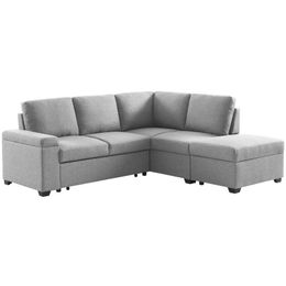 3-Sitzer-Ecksofa mit Schlaffunktion, Stoffbezug und Hocker, Polyester, Hellgrau - Sweeek