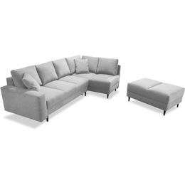 Ecksofa mit Hocker North - Schlaffunktion & Bettkasten - Eckcouch 260x260 cm mit Samtstoff - Ottomane rechts freistehend - Hellgrau - Hellgrau