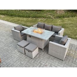 Fimous - Gas Feuertisch für den Außenbereich Rattan Gartenmöbel Set mit Sofa 2 Sessel Hocker Gas Feuerstelle Helles Grau