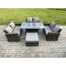 7-Sitzer Rattan Gartenmöbel Sitzgruppe mit Einstellbare Höhe Esstisch Doppelsitz-Sofa Großer Fußhocker - Fimous