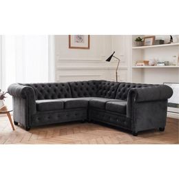 William - chesterfield ecksofa beidseitig montierbar - 5 sitzplätze - aus samt - dunkelgrau