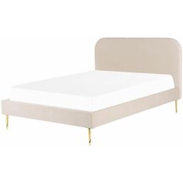 Beliani - Bett Beige Samtstoff mit Lattenrost 140 x 200 cm Metallfüße Gold hohes Kopfteil Retro Glamourös Polsterbett Doppelbett Schlafzimmer