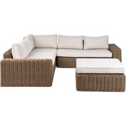 Beliani Gartenlounge Set Braun aus Polyrattan mit Auflagen Cremeweiß Modular 6-Sitzer für 6 Personen mit Hocker Geflochtenes Design Modern Terrasse