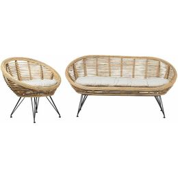 Beliani - Lounge Set Natürlich Rattan 2-Sitzer Gartensofa und Gartenstuhl mit Schwarzem Metallgestell Auflagen Hellbeige Stoff Boho Outdoor Indoor