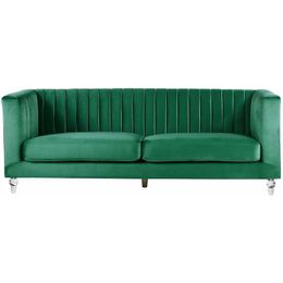 Beliani 3-Sitzer Sofa Dunkelgrün Samtstoff mit Steppung Hohen Armlehnen Transparenen Acryl-Füßen Dicken Sitzkissen Modern Glam Wohnzimmer Ausstattung