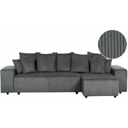 Beliani 3-Sitzer Ecksofa Dunkelgrau Stoffbezug Cord L-Förmig mit Chaiselongue Linksseitig Schlaffuktion Stauraum Dekokissen Wohnlandschaft Polstersofa