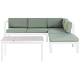 Beliani Lounge Set Weiß Aluminium mit Auflagen Grün Stoff Skandi Modern 5-Sitzer Ecksofa Ottomane und 1 Couchtisch Terrasse Garten Möbel