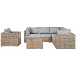 Beliani Gartenmöbel Set Hellbraun Rattan Textil Hellgrau inkl. Kissen 6-Sitzer Linksseitig Terrasse Outdoor Modern