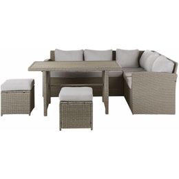 Beliani - Gartenmöbel Set Polyrattan Taupe Textil Hellgrau inkl. Auflagen 5-Sitzer Lounge Set Tisch Zwei Hocker Terrasse Outdoor Garten Modern