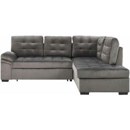 Beliani Ecksofa Linksseitig Grau Polsterbezug aus Samtstoff 4-Sitzer mit Holzgestell Gesteppter Bezug Schlaffunktion Wohnzimmer Salon Möbel