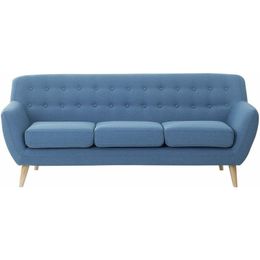 Beliani 3-Sitzer Sofa Blau Stoffbezug mit Hellen Holzbeinen Armlehnen Knopfheftung Lose Sitzkissen Retro Design Wohnzimmer Polstersofa