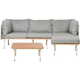 Beliani Gartenlounge Set 3-Sitzer Weiß / Hellbraun mit Auflage Grau aus Metall Kunstholz Papierseil Geflecht Sofa Hocker Tisch Outdoor Gartenmöbel