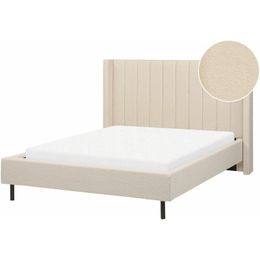 Beliani - Polsterbett Hellbeige Bouclé mit Lattenrost 140 x 200 cm Hohes Kopfteil Gesteppt Schwarze Metallfüße Modern Doppelbett Schlafzimmer