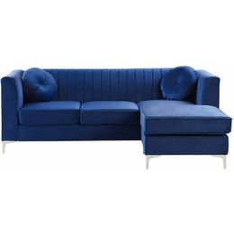 Beliani Ecksofa Blau aus Samtstoff L-Förmig Linksseitig mit Zierkissen Wohnzimmer Modernes Design