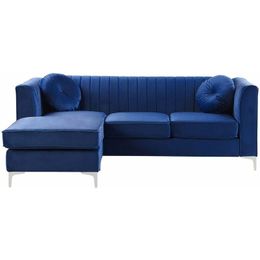 Beliani Ecksofa Blau aus Samtstoff L-Förmig Rechtsseitig mit Zierkissen Wohnzimmer Modernes Design