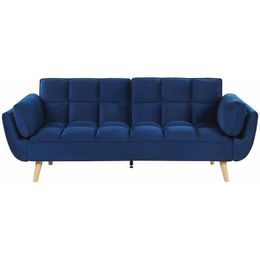 Beliani 3-Sitzer Schlafsofa Marineblau Samtstoff Gesteppt Sofa mit Schlaffunktion Armlehnen 2 Kissen Hohen Holzfüßen Retro Look Wohnzimmer Ausstattung