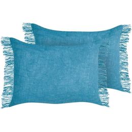 Beliani - Dekokissen 2er Set Blau Baumwollbezug mit Füllung 35x50 cm Rechteckig mit Fransen Einfarbig Modern Sofakissen Wohnzimmer Schlafzimmer