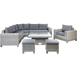 Beliani Lounge Set Hellgrau Rattan 9-Sitzer 7-Teilig Modern Klassisch Ecksofa mit Sessel 2 Ottomanen Tisch und Auflagen in Grau Garten Ausstattung