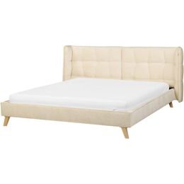 Beliani - Bett Hellbeige Samtbezug mit Lattenrost 160 x 200 cm Hohes Ohrensessel-Kopfeil Gesteppt Helle Holzbeine Retro Glamourös Polsterbett