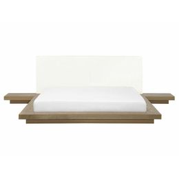 Beliani Bett heller Holzfarbton Lattenrost 160 x 200 cm Holzfurnierte MDF Platte Mit Nachttischen Elegant Japanischen Stil