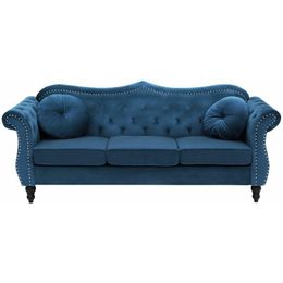 Beliani Sofa Blau Samtstoff 3-Sitzer Chesterfield Stil Retro Zierkissen Wohnzimmer