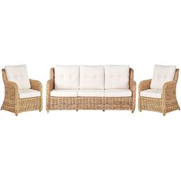 Beliani - Lounge Set Naturfarben Rattan 3-Teilig Geflochten Sofa u. 2 Sessel mit Kissen Cremeweiß Boho Design Outdoor Indoor Garten Terrasse