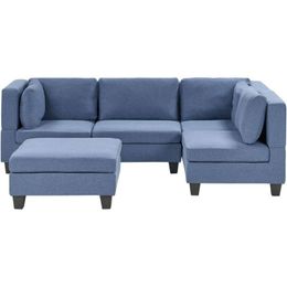 Beliani 4-Sitzer Ecksofa Linksseitig Blau Stoffbezug mit Ottomane Kissen Schwarze Beine Modular Modern Modulsofa Wohnlandschaft Wohnzimmer