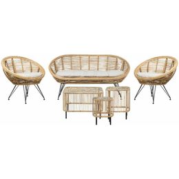 Beliani - 4-Sitzer Lounge Set Natürlich Rattan 6-Teilig Gartensofa 2 Gartenstühle und 3 Couchtische mit Schwarzem Metallgestell Auflagen Hellbeige