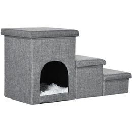 PawHut Hundetreppe, 3 Stufige Katzentreppe mit Höhle, Haustiertreppe mit Stauraum, Kissen, 3-in-1 Haustierrampe, bis 10 kg Belastbar, für Sofa, Bett,