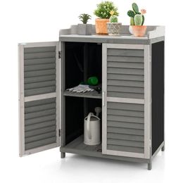 Costway - Gartenschrank Holz, Lagerschrank Garten, Holzschrank mit Metall-Platte & 2 Lagerregalen & aufrollbaren Türen, Geräteschrank Gerätehaus