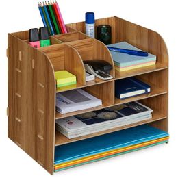 Relaxdays - Schreibtisch Organizer mit Dokumentenablage, 10 Fächer, hbt: 27,5 x 32,5 x 25 cm, Büroorganizer, dunkelbraun