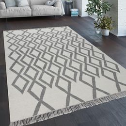 Paco Home - Teppich Wohnzimmer Boho Stil Fransen Handgewebt Woll-Baumwoll Gemisch Grau Creme 140x200 cm