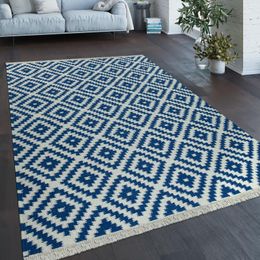 Paco Home - Teppich Modern Marokkanische Muster Handgewebt Skandi Rauten Fransen Blau Weiß 240x340 cm