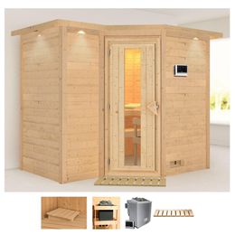 Sauna Karibu "Sanna 2", beige (naturbelassen), Bio-Kombiofen, externe Steuerung, 9 kW, Saunen, 9-kW-Bio-Ofen mit externer Steuerung