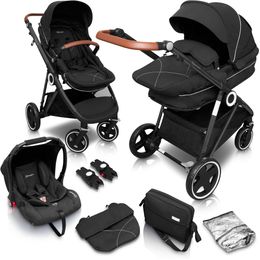 Kombi-Kinderwagen BABYGO "Halime 3in1" schwarz (anthracite black) Baby Kinderwagen inklusive Babywanne, Babyschale, Regenhaube & Wickeltasche