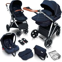 Kombi-Kinderwagen BABYGO "Halime 3in1" blau (blue silver) Baby Kinderwagen inklusive Babywanne, Babyschale, Regenhaube & Wickeltasche