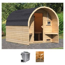 Karibu Fasssauna "Fasshaus 2" Saunen 9-kW-Bio-Ofen mit externer Steuerung Gr. Bio-Kombiofen, externe Steuerung, 9 kW, beige (naturbelassen)