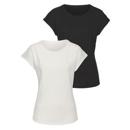 Kurzarmshirt Vivance "mit dekorativem Häkeleinsatz" Gr. 32/34, schwarz (schwarz, creme) Damen Shirts aus bügelfreier Crêpe-Qualität