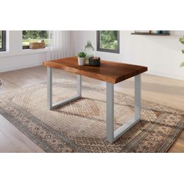 Esstisch 120 x 80 cm Akazie massiv nussbaum Baumkantentisch U-Gestell silber ATLAS