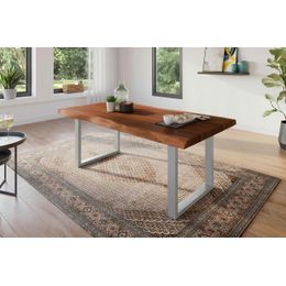Esstisch 180 x 90 cm Akazie massiv nussbaum Baumkantentisch U-Gestell silber ATLAS
